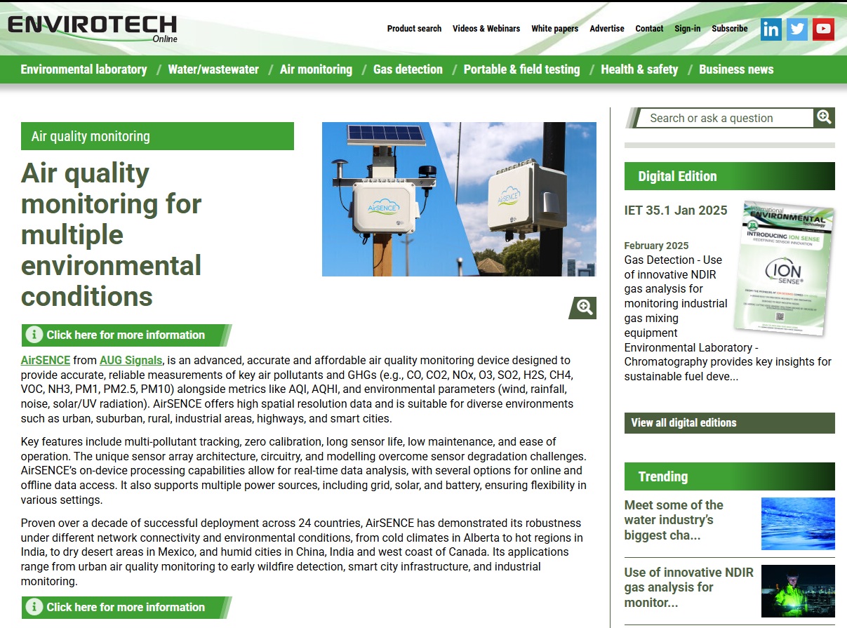 AirSENCE Featured in Envirotech Online Magazine for Advanced Air ...